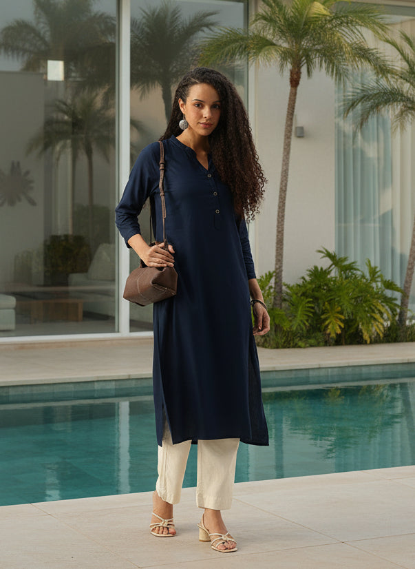 Cadet Blue Solid Mandarin Collar Straight Kurta – Amukti - The Women's ...